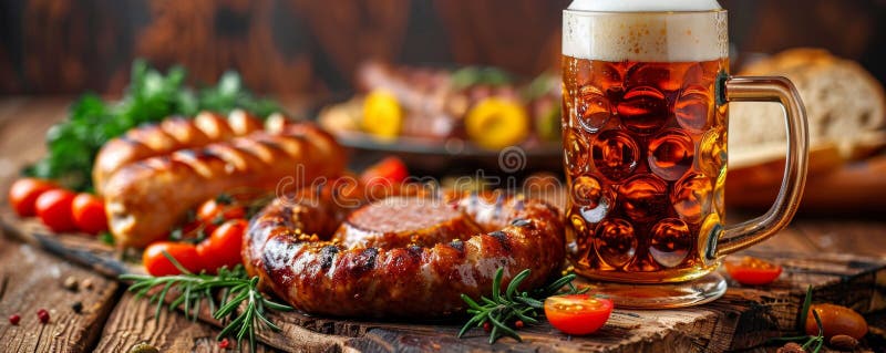 German Beer and Sausage Platter on a Rustic Table Traditional Meal ...