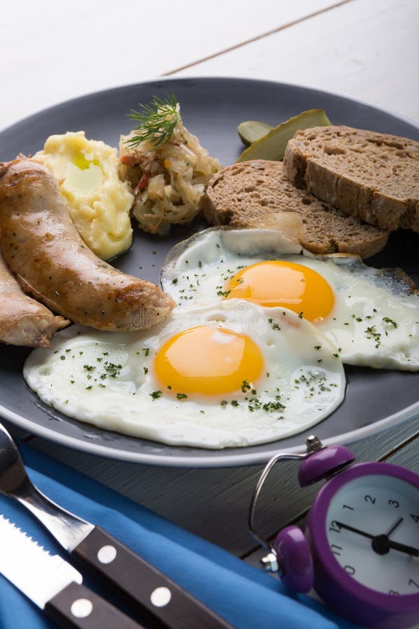 German Breakfast on a Grey Plate Stock Image - Image of pickles, meal ...