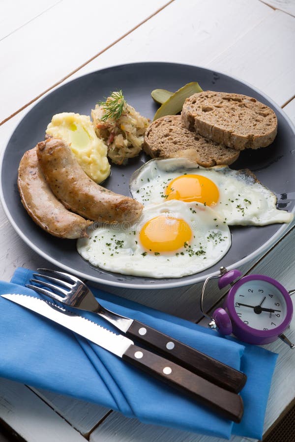 German Breakfast on a Grey Plate Stock Photo - Image of pickles ...