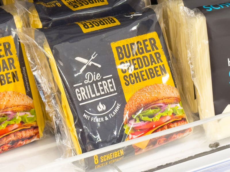 German Burger Cheddar Cheese Packaging in Supermarket Dairy Section ...