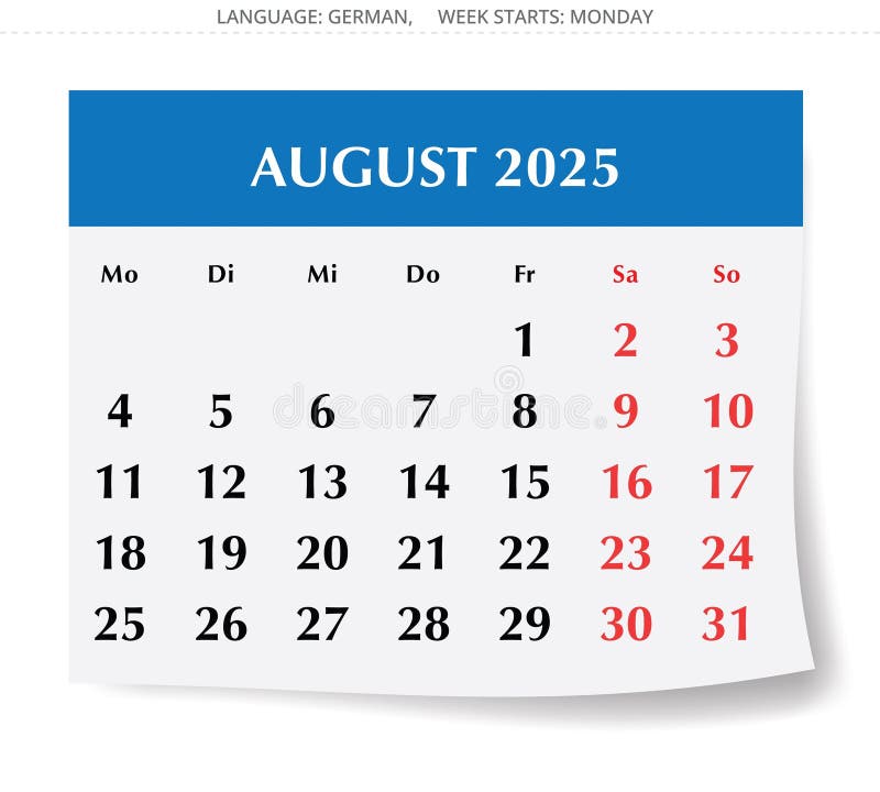 German Calendar for August 2025. Vector Illustration of Month Page ...