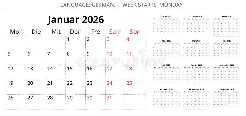 2026 German Calendar Planner - Kalender. Vector Illustration Germany ...