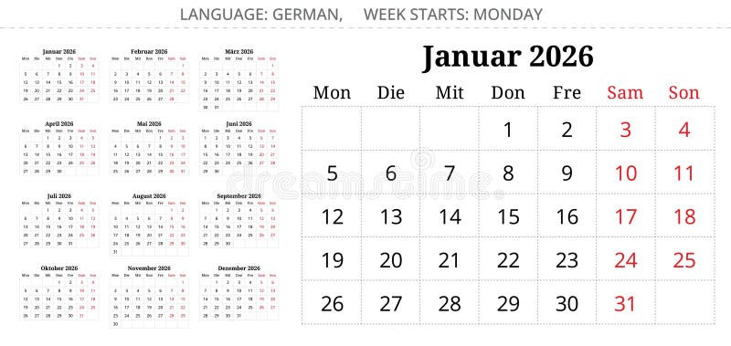 2026 German Calendar Planner - Kalender. Vector Year Illustration ...