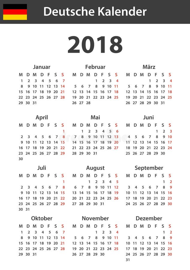 German Calendar for 2018. Scheduler, Agenda or Diary Template Stock ...