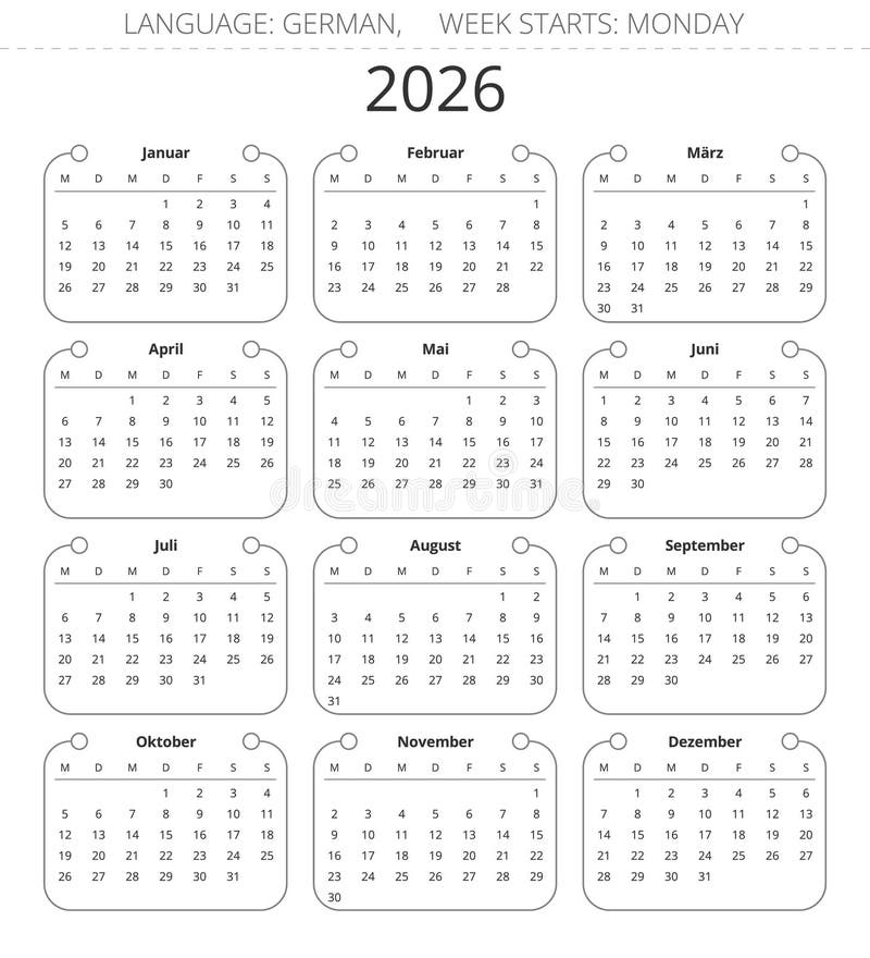 GERMAN Calendar for 2026 Year. Modern Vector Illustration for Germany ...