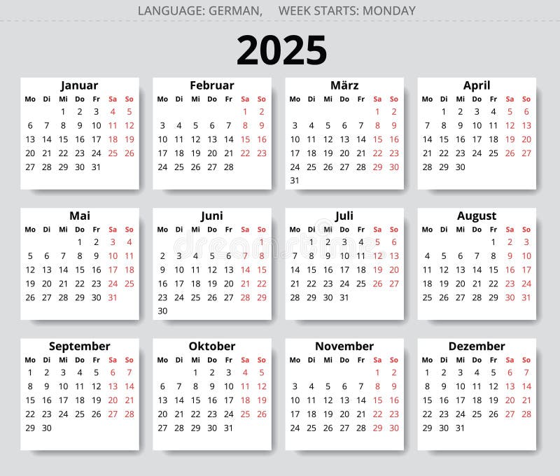 German Calendar 2025: Year in Vector Illustration Stock Illustration ...