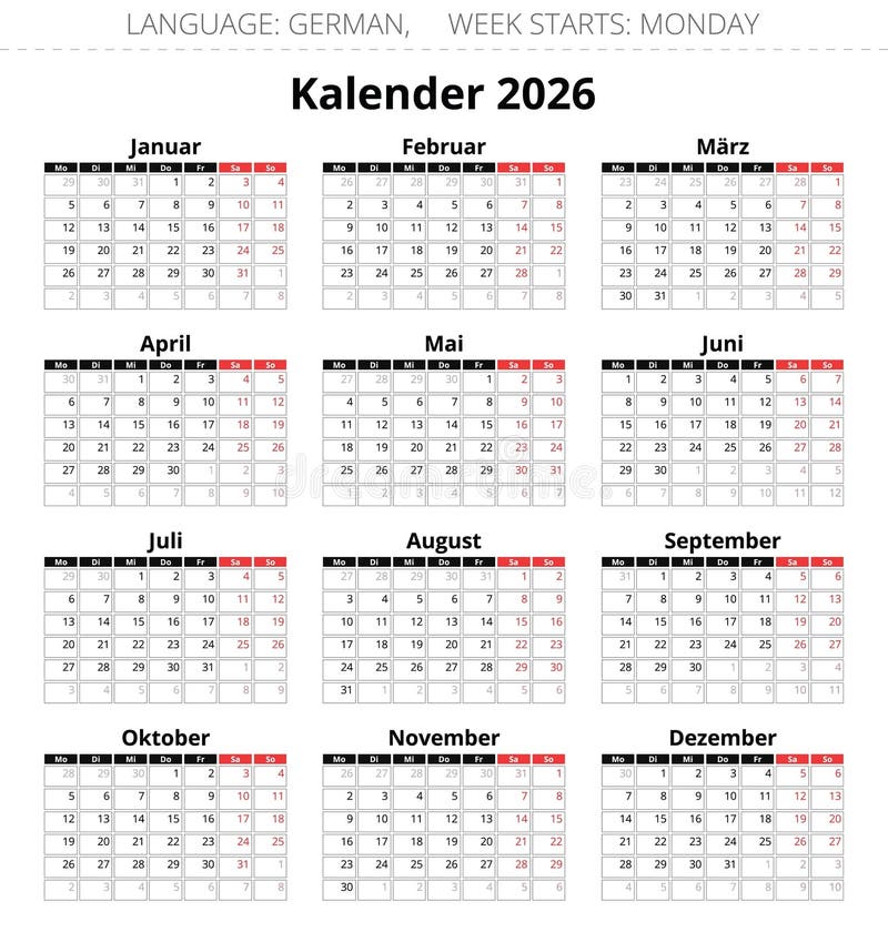 GERMAN Calendar 2026 Year. Vector Illustration Germany (germanic ...