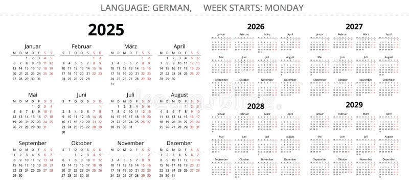 2025, 2026, 2027, 2028, 2029 German Calendars. Printable Vector ...
