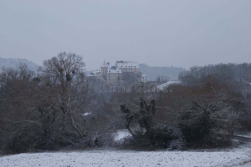 German Castle on a Hill on a Dark Snowy Day Editorial Stock Image ...