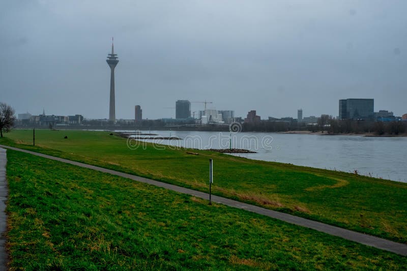The German City of Dusseldorf from the Left Bank of the Rhine River ...