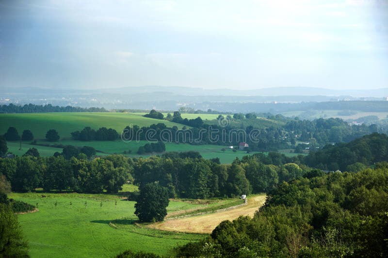 German Countryside Landscape with Creek and Green Fields Stock Photo ...