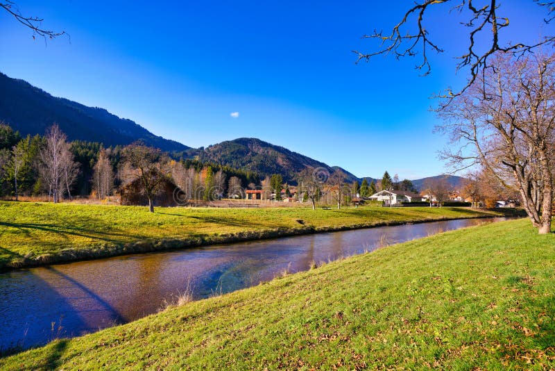 German Countryside with River and Mountains Stock Photo - Image of ...