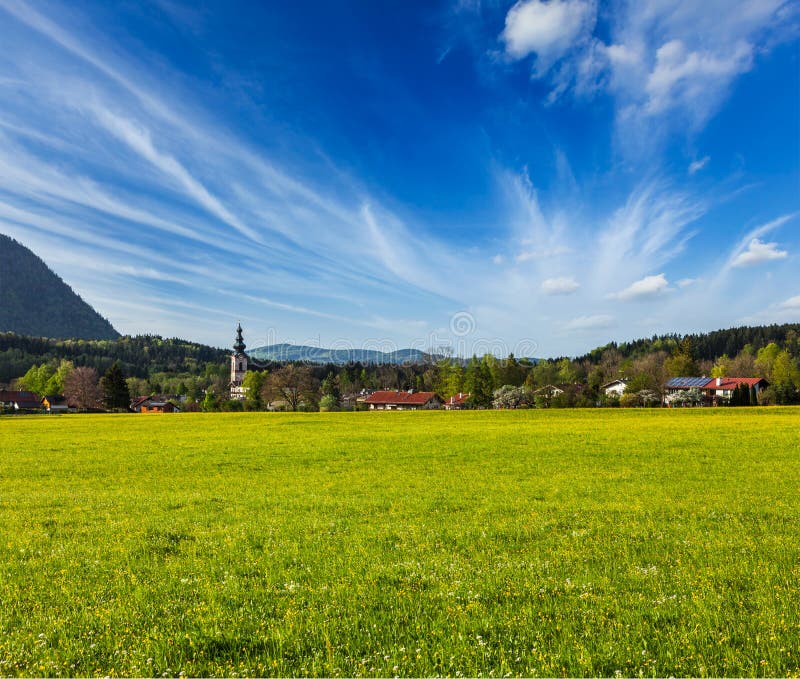 German Idyllic Pastoral Countryside in Spring with Alps in Backg Stock ...