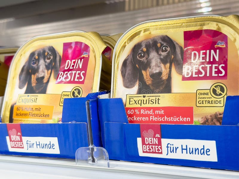 German Dog Food Packaging with Dachshund Image on Store Shelf Editorial ...