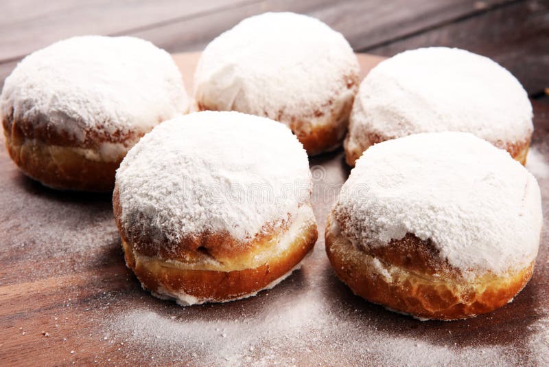 German Donuts with Jam and Icing Sugar. Carnival Powdered Sugar Raised ...