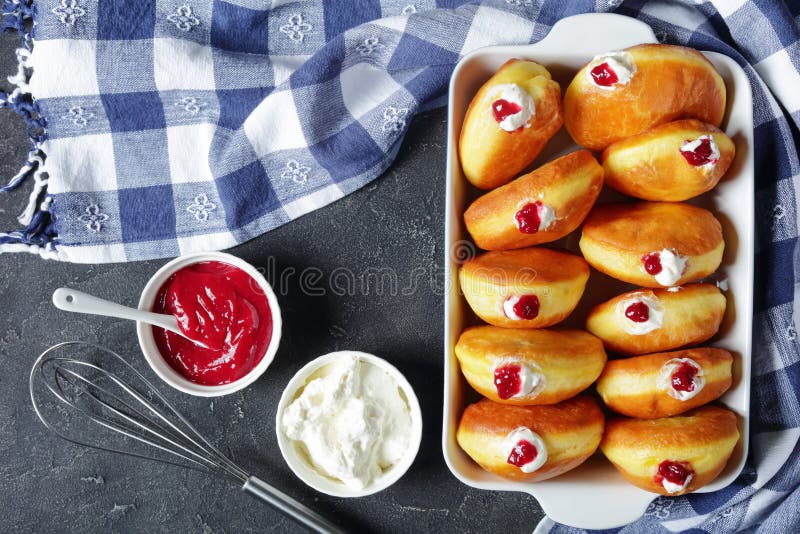 German Donuts with Raspberry Jam and Cream Stock Image - Image of ...