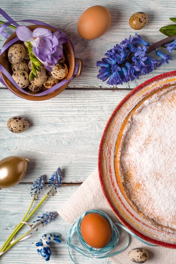 German Easter Cake, Eggs, Flowers, Ribbons on the Table Stock Photo ...
