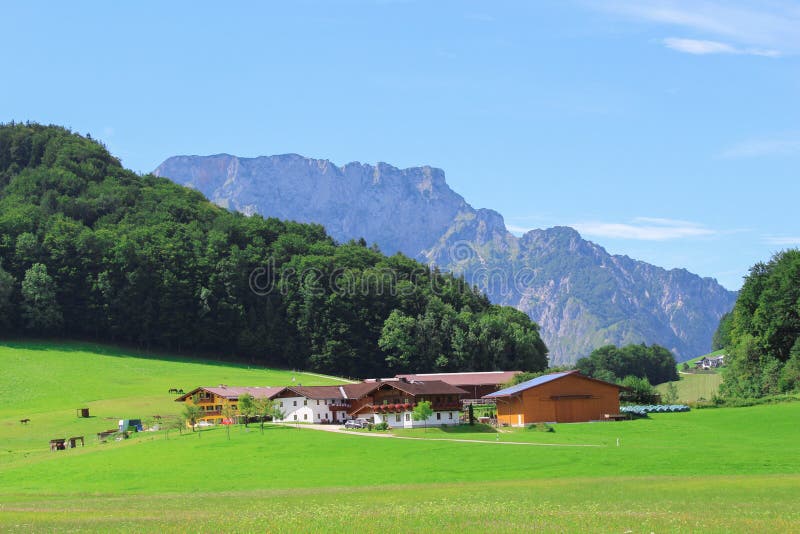 German Farm with the Alps in the Background Stock Photo - Image of ...