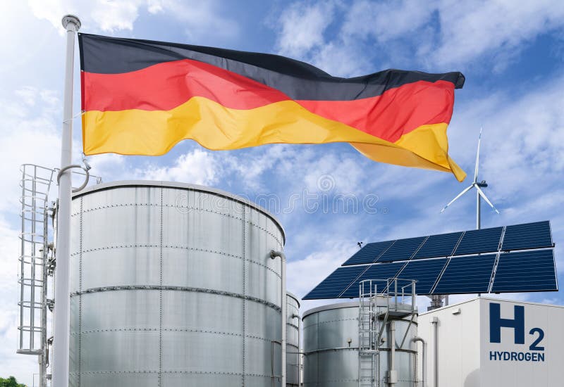 German Flag on a Background of Green Hydrogen Factory. Concept Stock ...