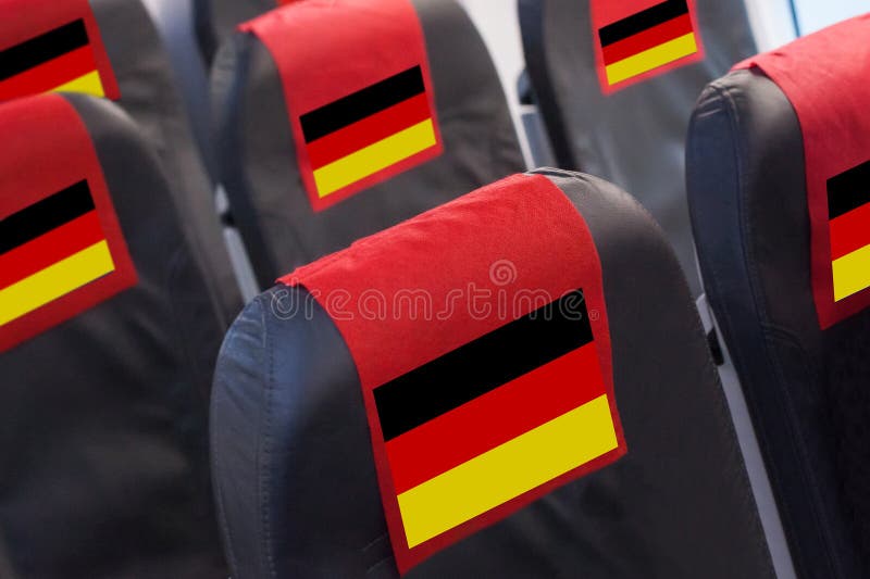 German Flag on Empty Seat in Plane. Travel, Flight and Transportration ...