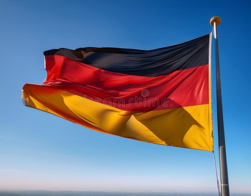 German Flag Soaring High Against a Clear Blue Sky, Highlighting the ...