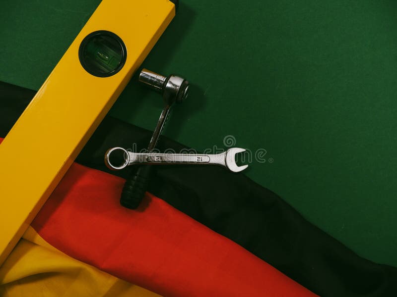 German Flag and Work Tool on Green. Concept Made in Germany Stock Image ...