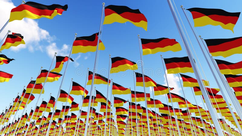 German Flags on Flagpoles Against Blue Sky Stock Illustration ...