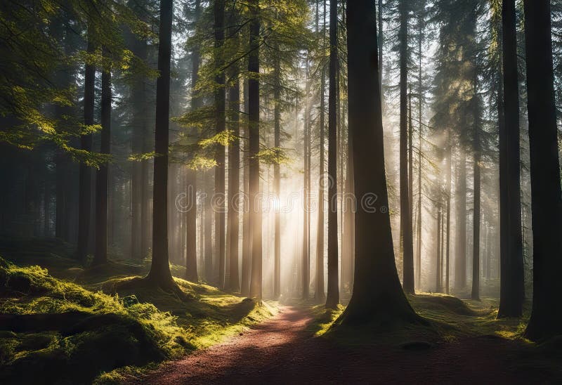 German Forest in Black Forest with Sunny Ray of Light Stock PhotoForest ...