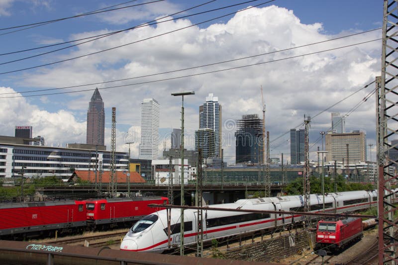 A German High Speed Train in Front of the Skyline of Frankfurt ...