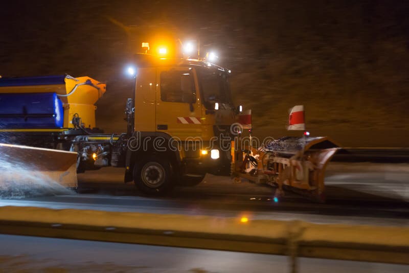 German Highway Snow Plow at Night Stock Photo - Image of cleaning ...