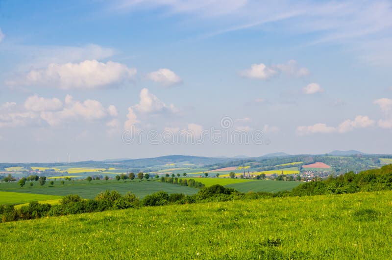A German Landscape with Yellow Fields of Rape, in the Middle of Germany ...