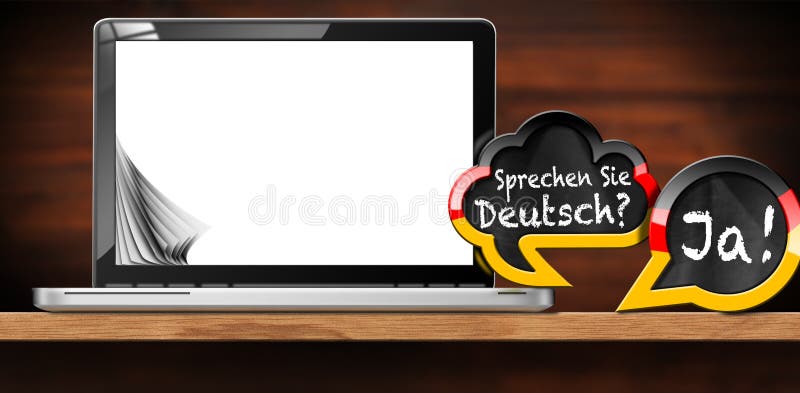 German Language Lesson - Two Speech Bubbles and a Laptop Computer Stock ...
