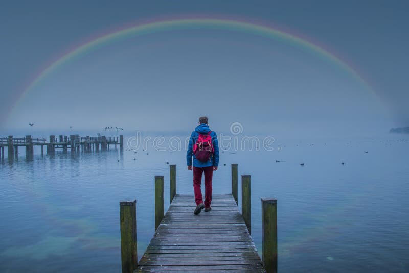A German Man is Looking Forward on a Kay in the Middle of the Lake in ...