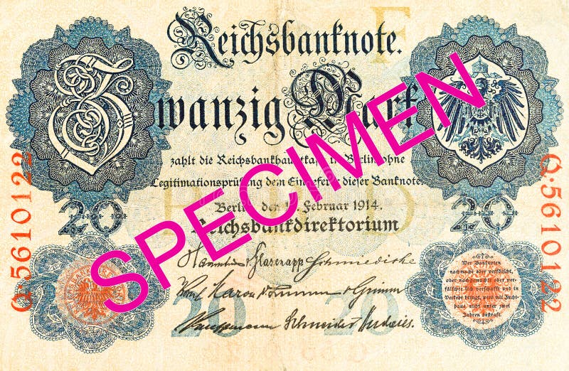 20 German Mark Bank Note 1914 Obverse Stock Photo - Image of banking ...