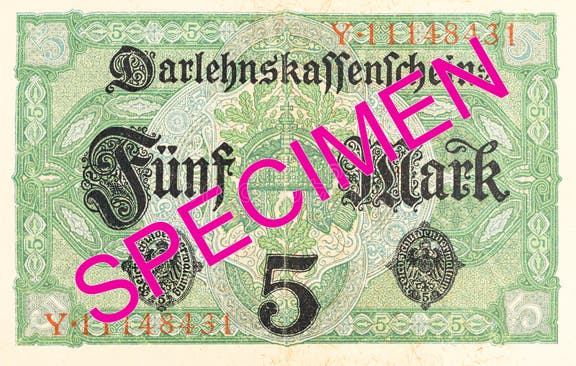 5 German Mark Bank Note 1917 Reverse Stock Image - Image of weimar ...