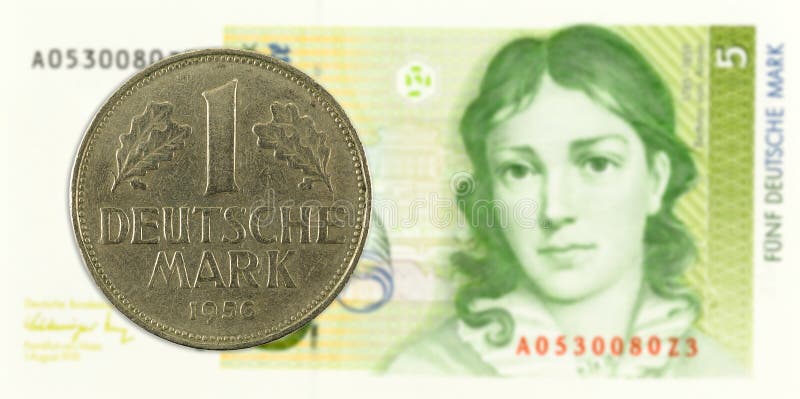 1 German Mark Coin Agains 5 German Mark Bank Note Stock Image - Image ...