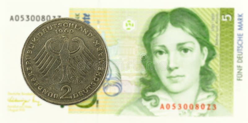 2 German Mark Coin Agains 5 German Mark Bank Note Stock Image - Image ...