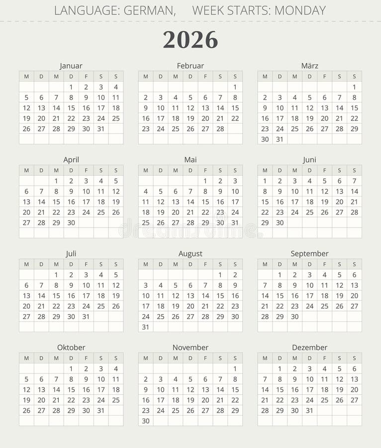 GERMAN Modern Calendar for 2026 Year. Vector Illustration Germany ...