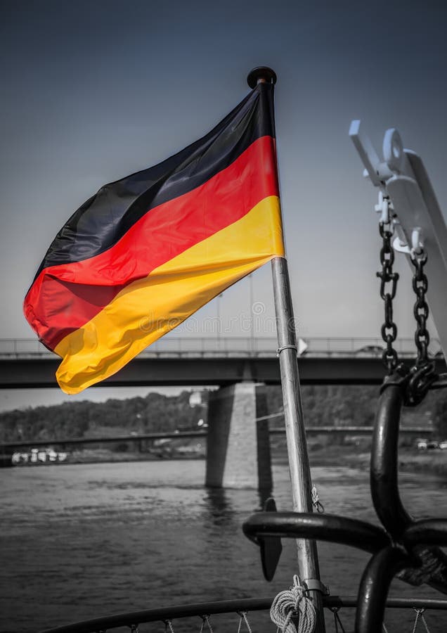 German National Flag Waving at the Stern of a Ship on the River Elbe ...