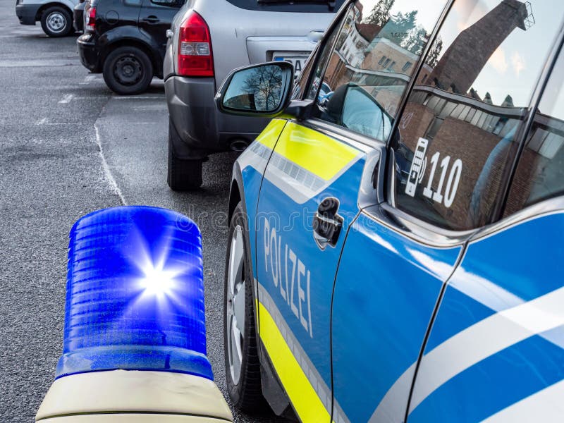 German Police Car with Flashing Lights Stock Image - Image of help ...