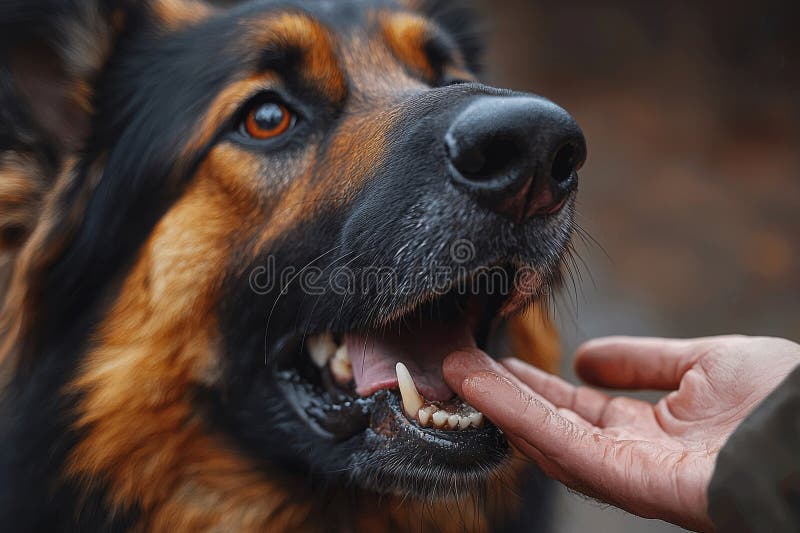 A German Shepherd Attacks a Person, Biting His Hand Severely Stock ...