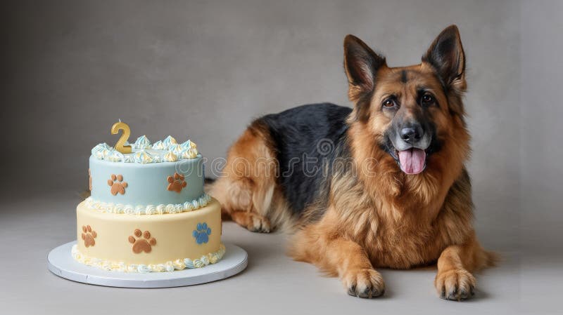 German Shepherd Celebrating Second Birthday with Paw Print Cake Stock ...