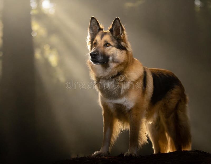 German Shepherd Dog in a Forest at Sunset in Guard Posture Stock ...