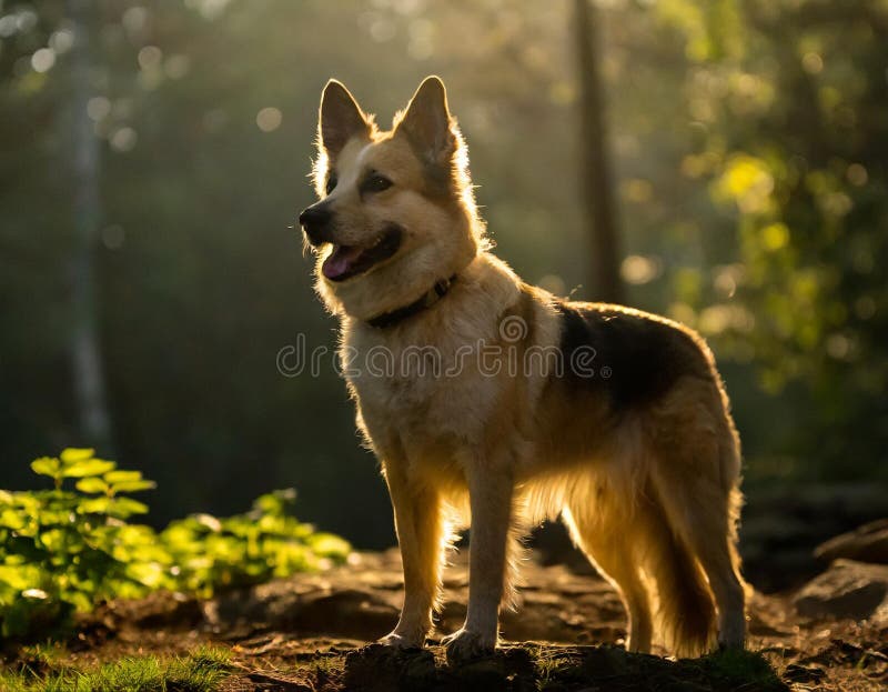 German Shepherd Dog in a Forest at Sunset Stock Illustration ...