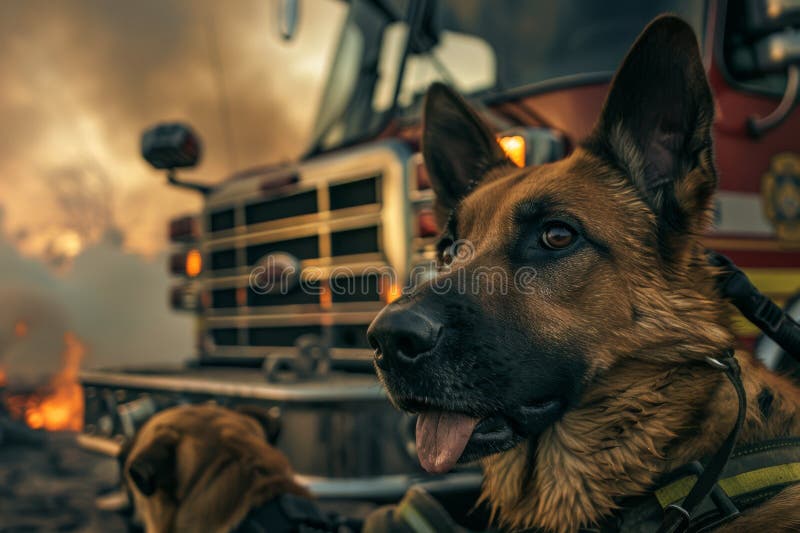 German Shepherd Dog in Front of Fire Truck and Flames Stock Image ...