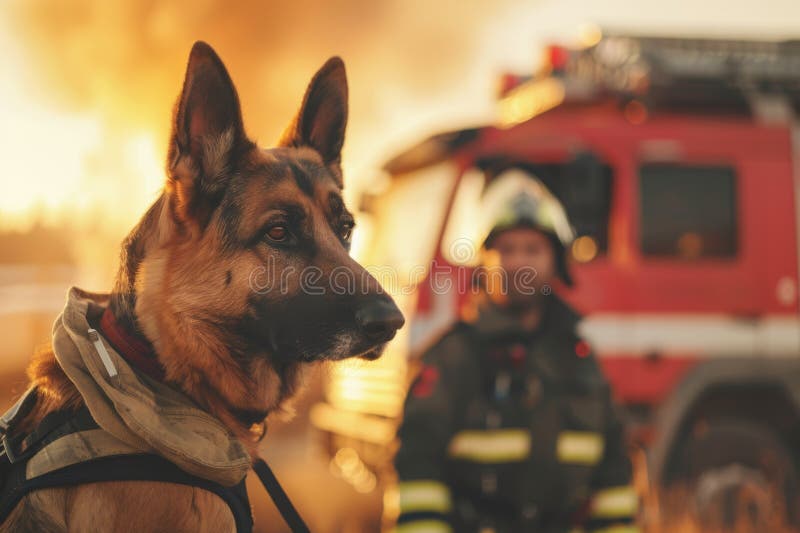 German Shepherd Dog in Front of Fire Truck and Flames Stock Image ...