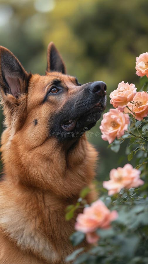 German Shepherd Dog in Garden with Pink Roses Stock Photo - Image of ...