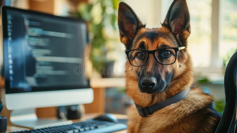 German Shepherd Dog in Glasses Sitting at the Computer Stock Image ...