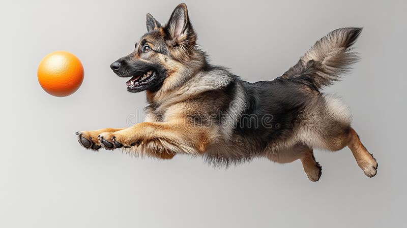 German Shepherd Dog Leaps Mid-air Chasing an Orange Ball Stock ...