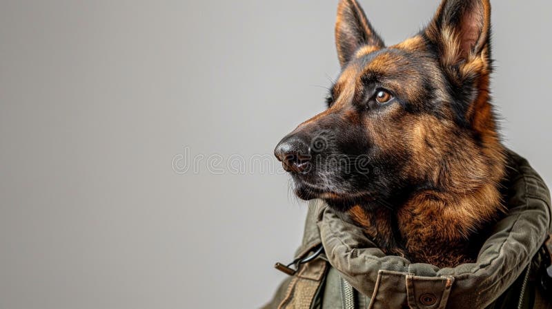 German Shepherd Dog in Military Jacket Looking Alert and Focused Stock ...
